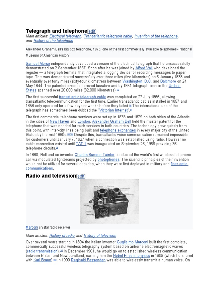 Telegraph and Telephone History | PDF | Communications Satellite ...