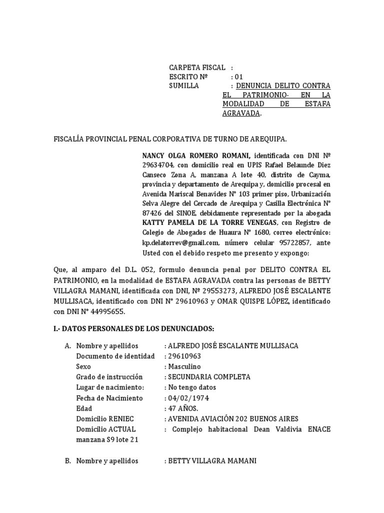 Modelo Denuncia Por Estafa NCPP | PDF | Trucos de confianza | Bienes (Ley)