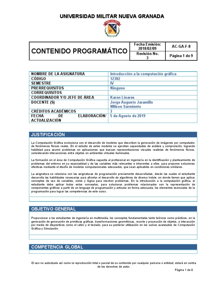CONTENIDOS PROGRAMATICOS ACTUALIZADO 2019 Introducción A La Computación Gráfica | PDF | Monitor ...