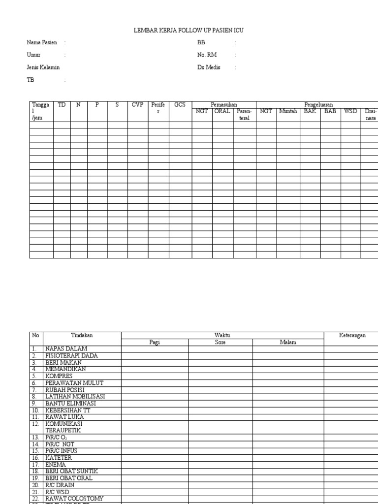Lembar Kerja Follow Up Pasien Icu (Arniat) | PDF