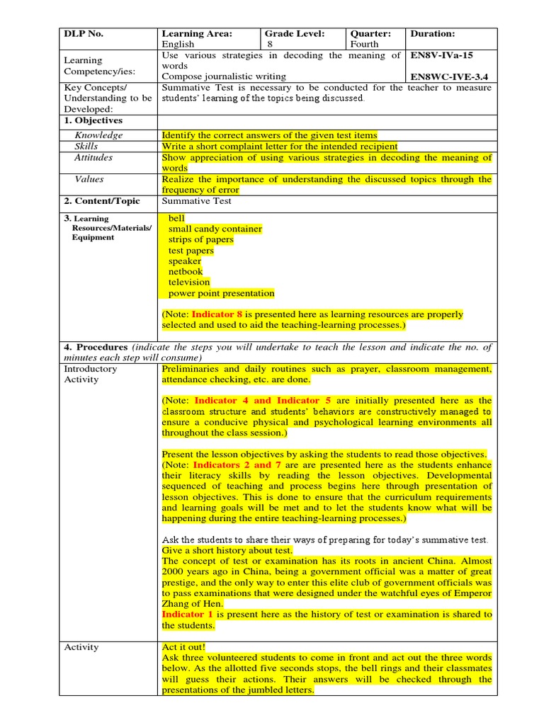 Classroom Observation 4th Quarter Lesson | PDF | Educational Assessment ...