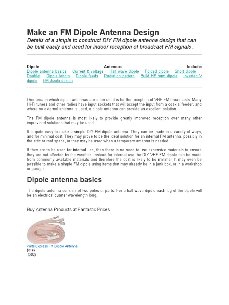 Make An FM Dipole Antenna Design | PDF
