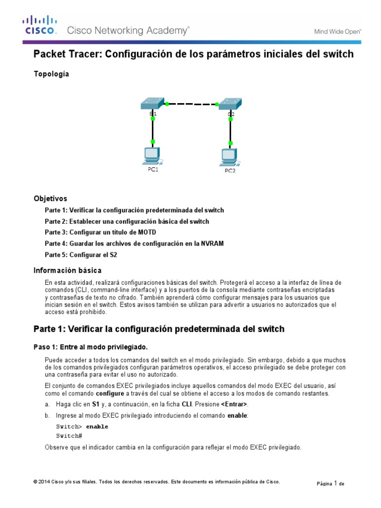 2.2.3.3 Packet Tracer - Configuring Initial Switch Settings Instructions | PDF | Contraseña ...