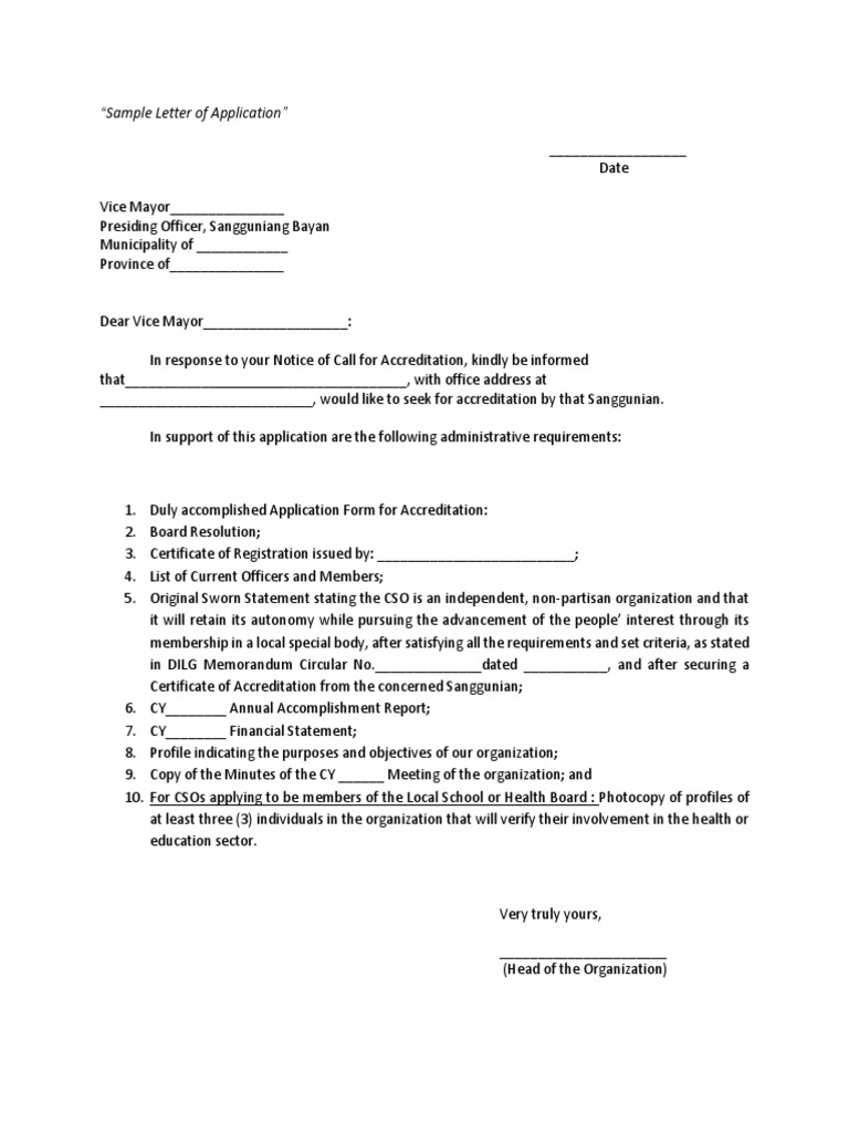 Application for Accreditation to Sangguniang Bayan | PDF | Policy ...