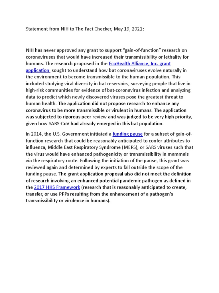 NIH Statement, May 19, 2021 | PDF | Public Health | Microbiology