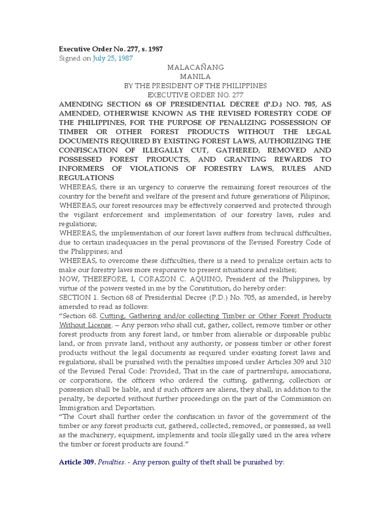 Signed On: Executive Order No. 277, S. 1987 | PDF | Theft | Forestry