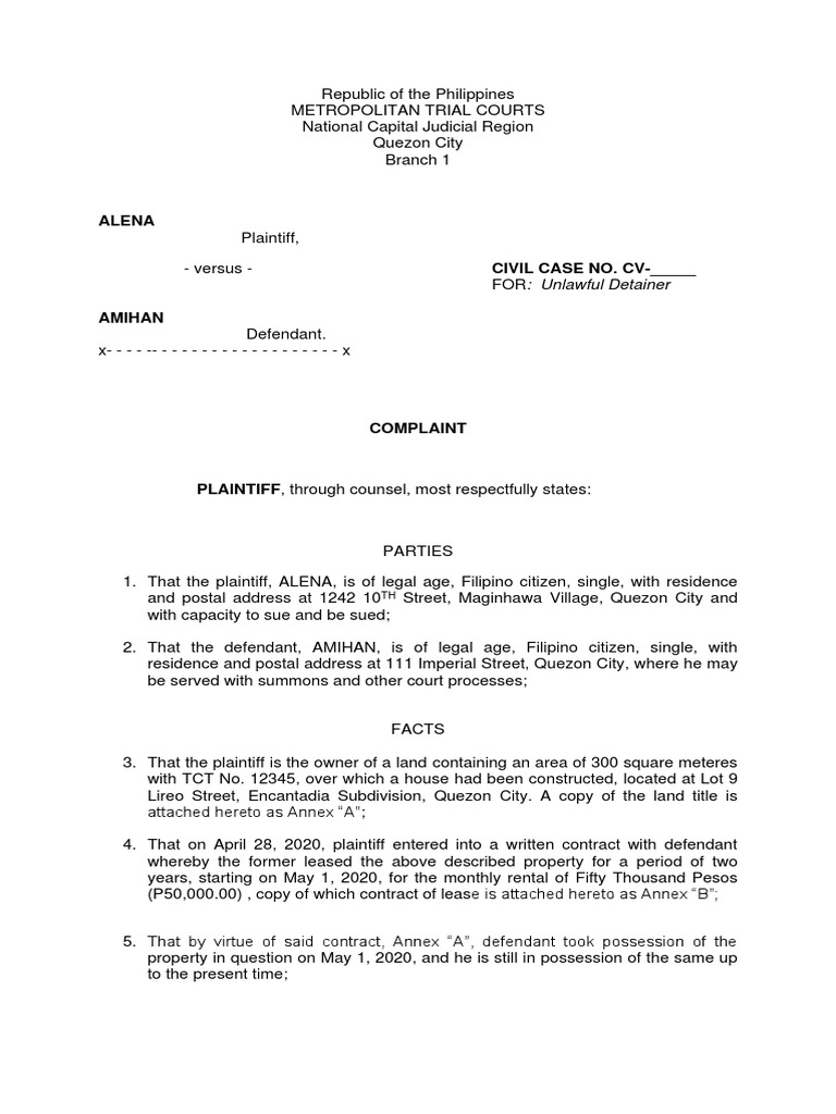 Complaint Unlawful Detainer | PDF | Lawsuit | Complaint
