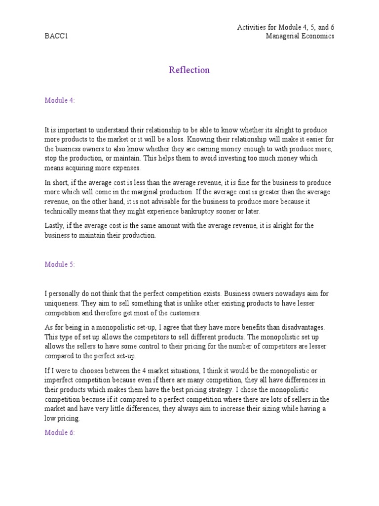Managerial Economics Reflection 4,5,6 | PDF | Monopoly | Perfect ...