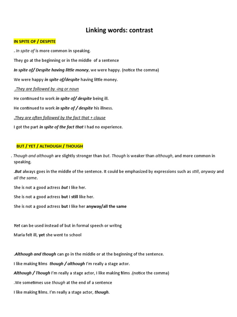 Linking Words: Contrast: in Spite of / Despite | PDF | Sentence ...