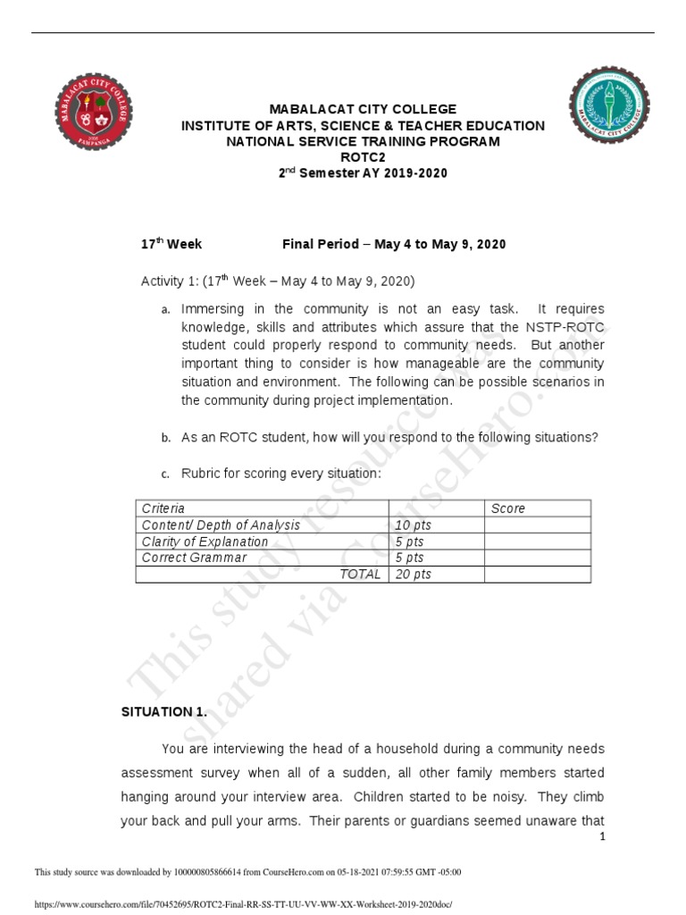ROTC2 Final RR SS TT UU VV WW XX Worksheet 2019 2020 | PDF