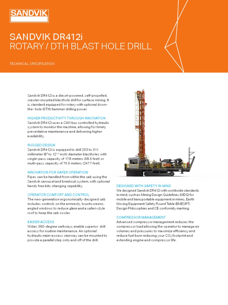 Sandvik Dr412I Rotary / DTH Blast Hole Drill: Technical Specification ...