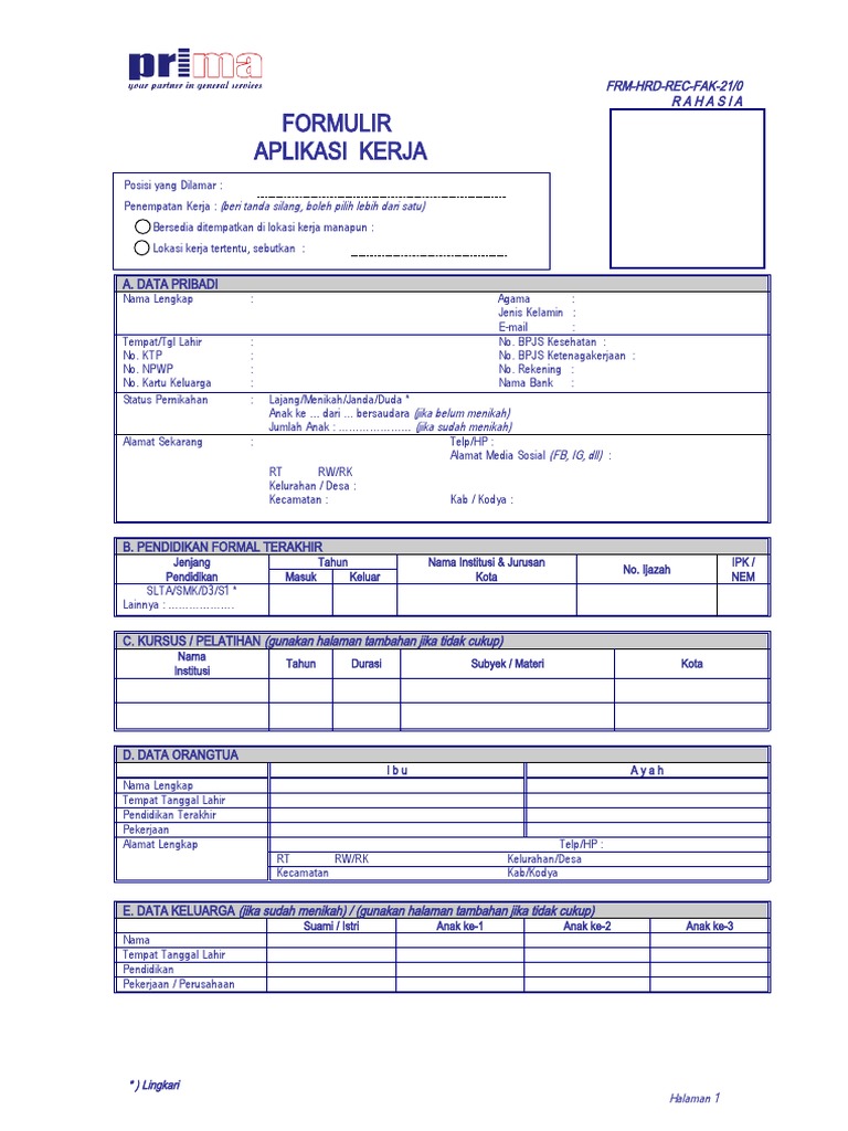 Formulir Aplikasi Kerja Lengkap | PDF