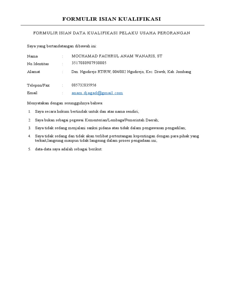 FORMULIR ISIAN KUALIFIKASI Oke | PDF