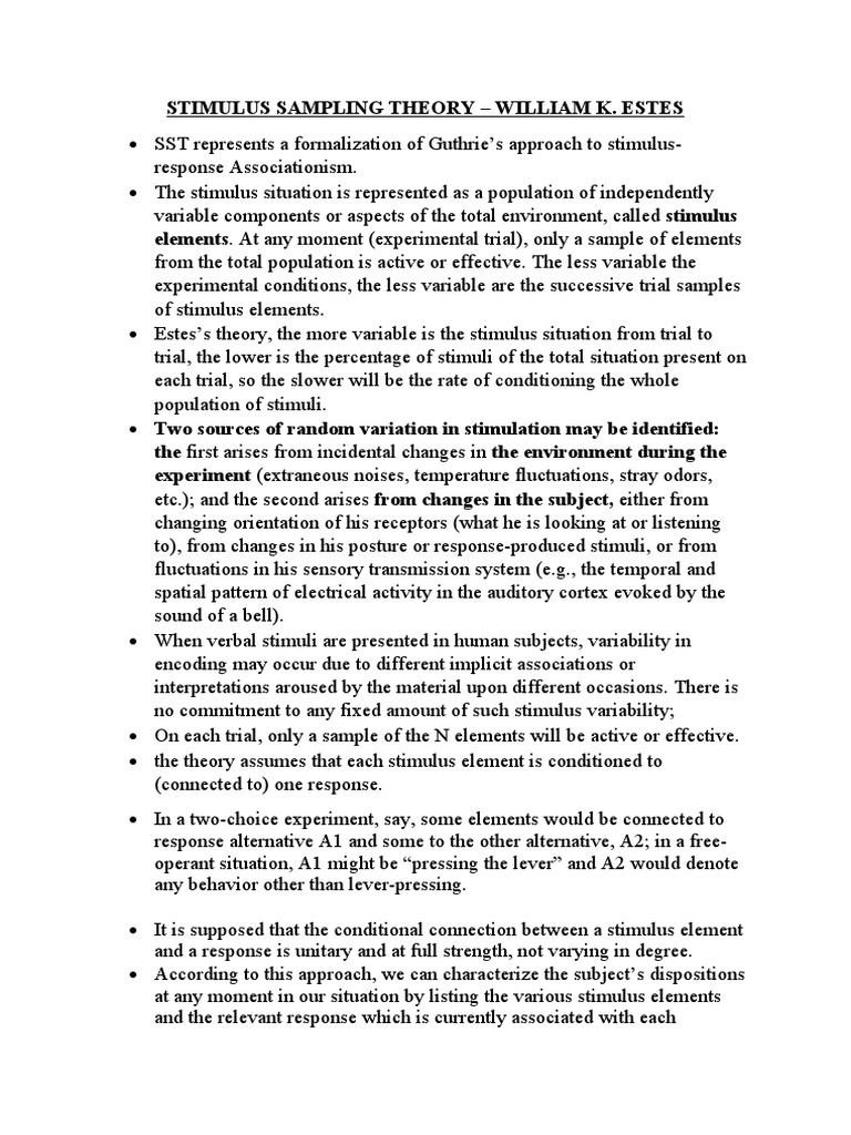 STIMULUS SAMPLING THEORY - Estes | PDF | Stimulus (Physiology) | Experiment