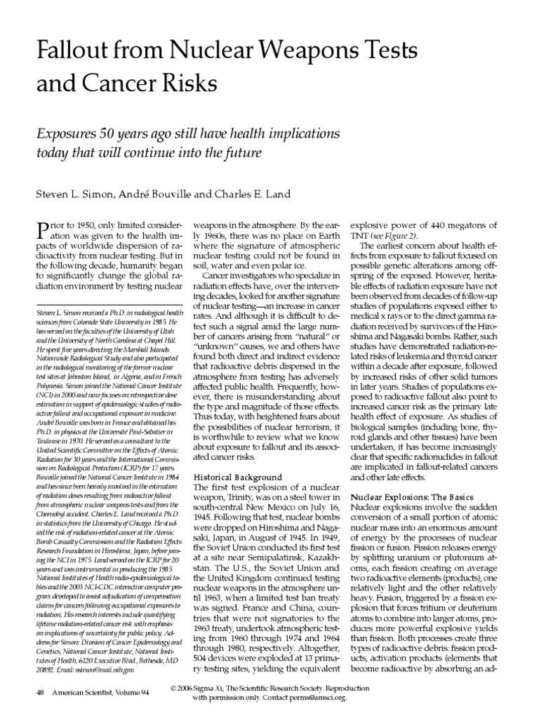 Fallout From Nuclear Weapons Tests in The 50's and Cancer Risks | PDF ...