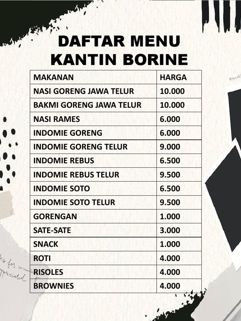 Menu Kantin Borine dan Harga | PDF | Memasak, Makanan, & Anggur ...