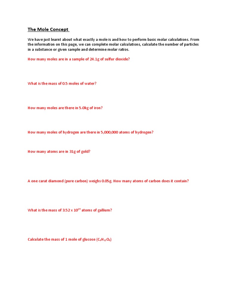 The Mole Concept Worksheet | PDF