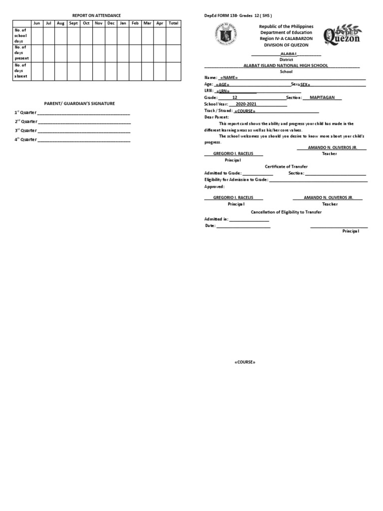 g12 Form 138 Template Front Mapitagan | PDF