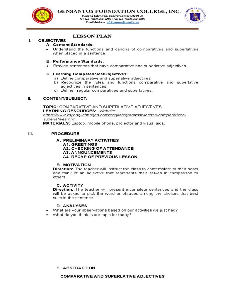 Lesson Plan Comparatives Superlatives | PDF | Adjective | Syllable