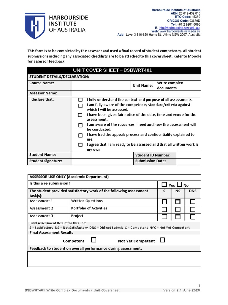 Unit Cover Sheet - Bsbwrt401: Competent Not Yet Competent | PDF ...