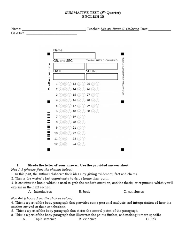 Summative Test (3 Quarter) English 10: Nos 1-3 (Choose From The Choices ...