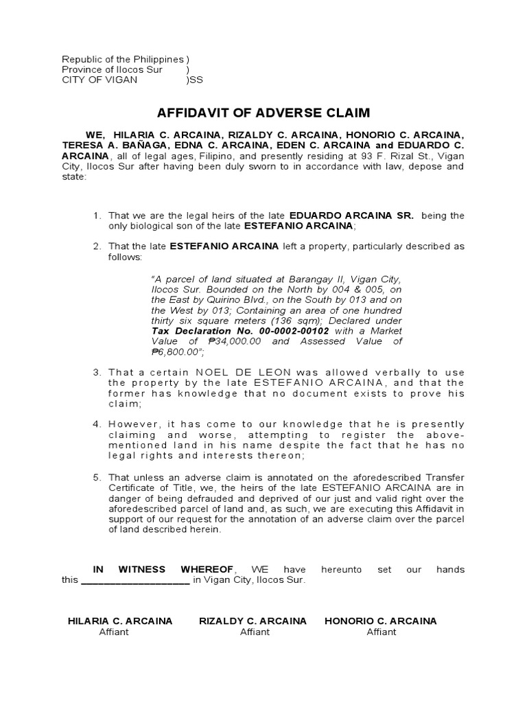 Affidavit of Adverse Claim | PDF | Affidavit | Mortgage Law