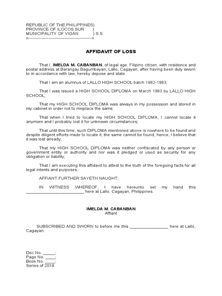 Affidavit of Loss High School Diploma | PDF