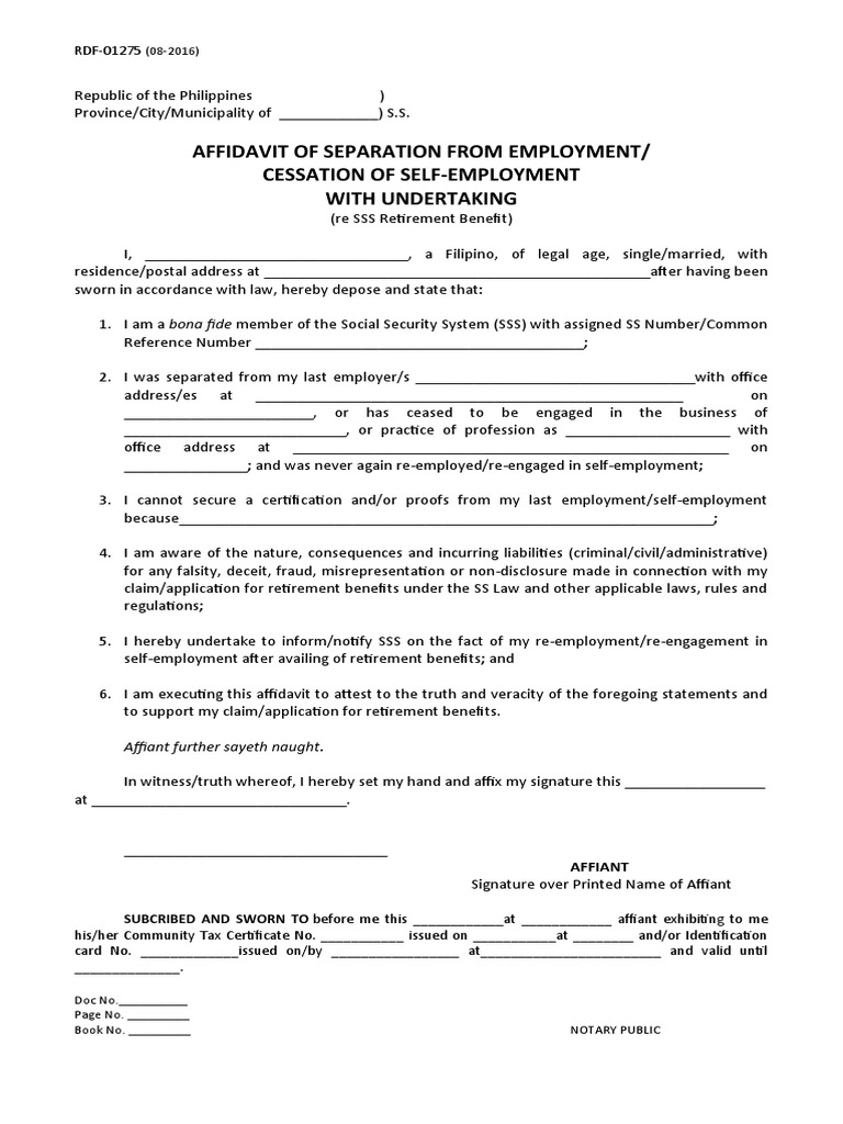 An Affidavit of Separation from Employment or Cessation of Self ...