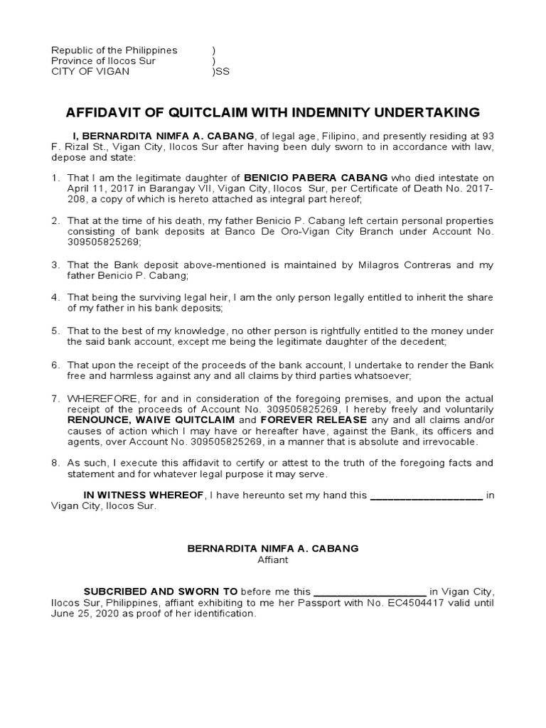 Affidavit of Quitclaim With Indemnity Undertaking | PDF | Affidavit ...