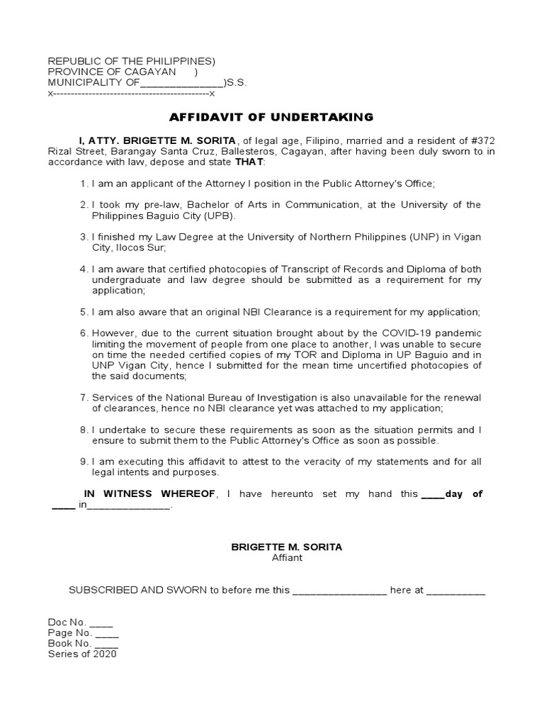 Affidavit of Undertaking | PDF