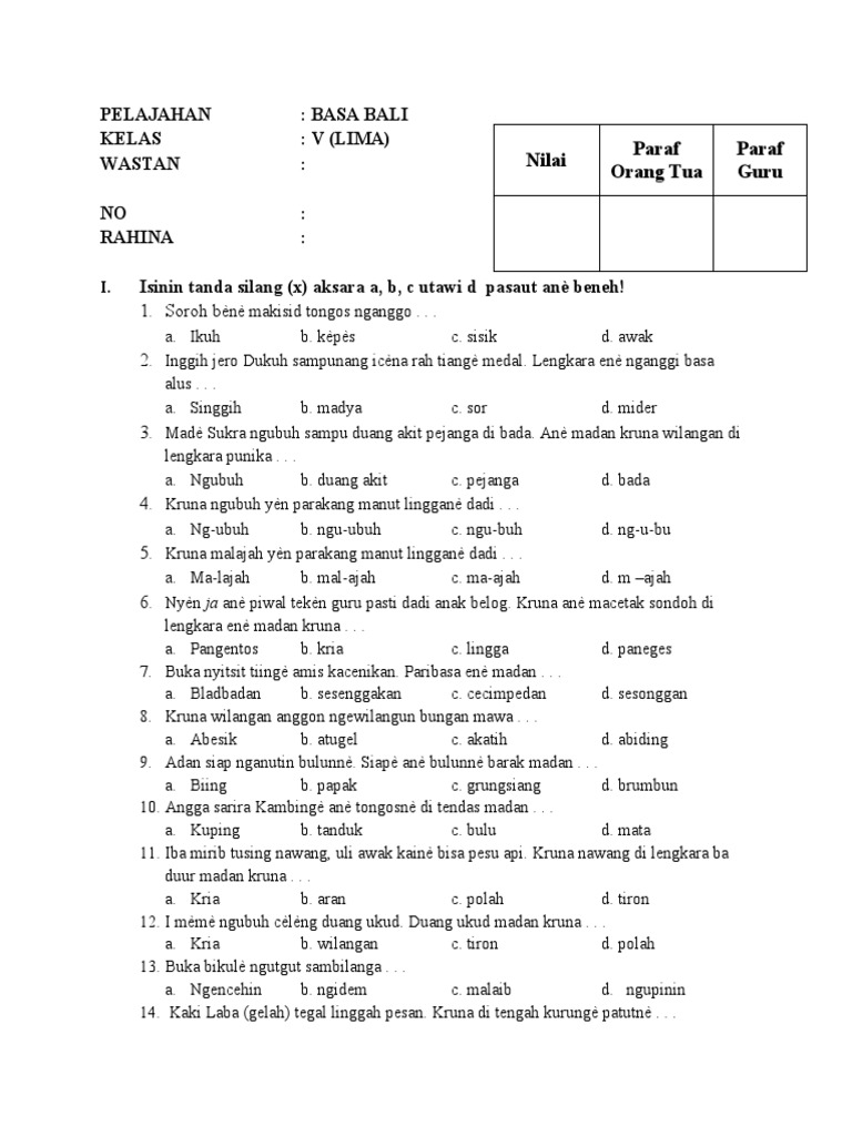 Latihan Bahasa Bali Kelas 5 | PDF