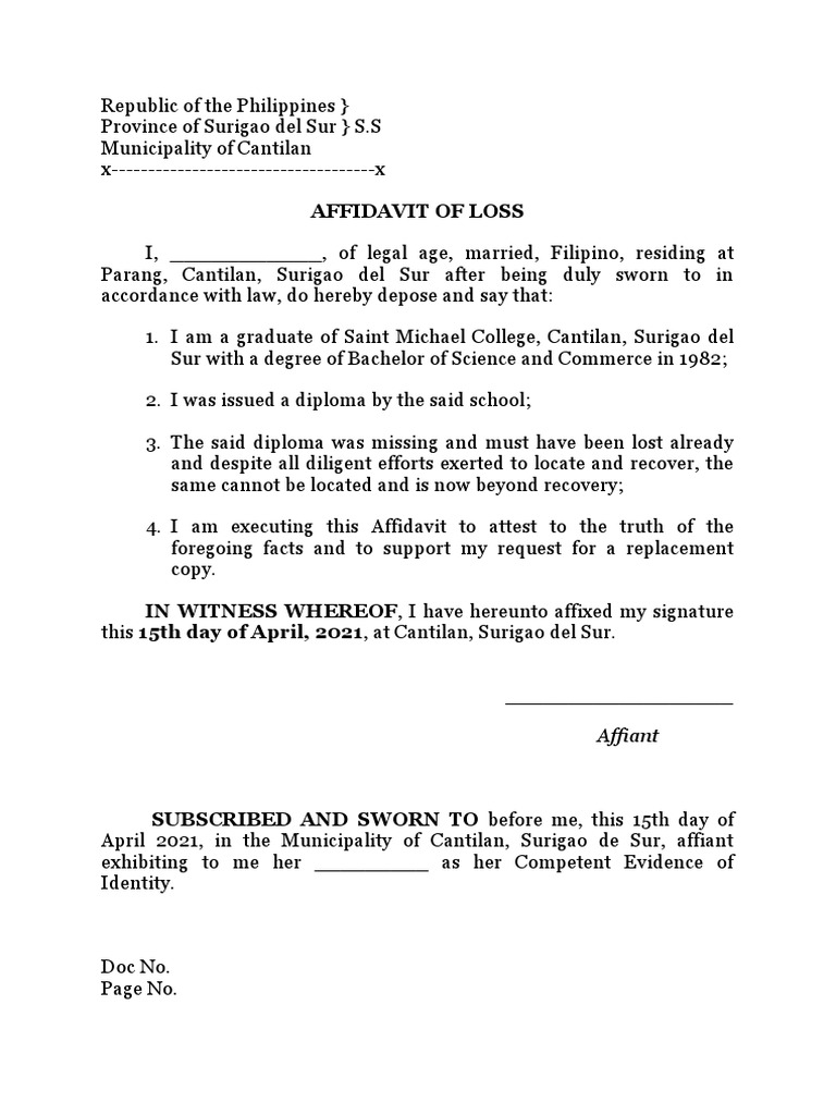 Affidavit of Loss (Diploma) | PDF