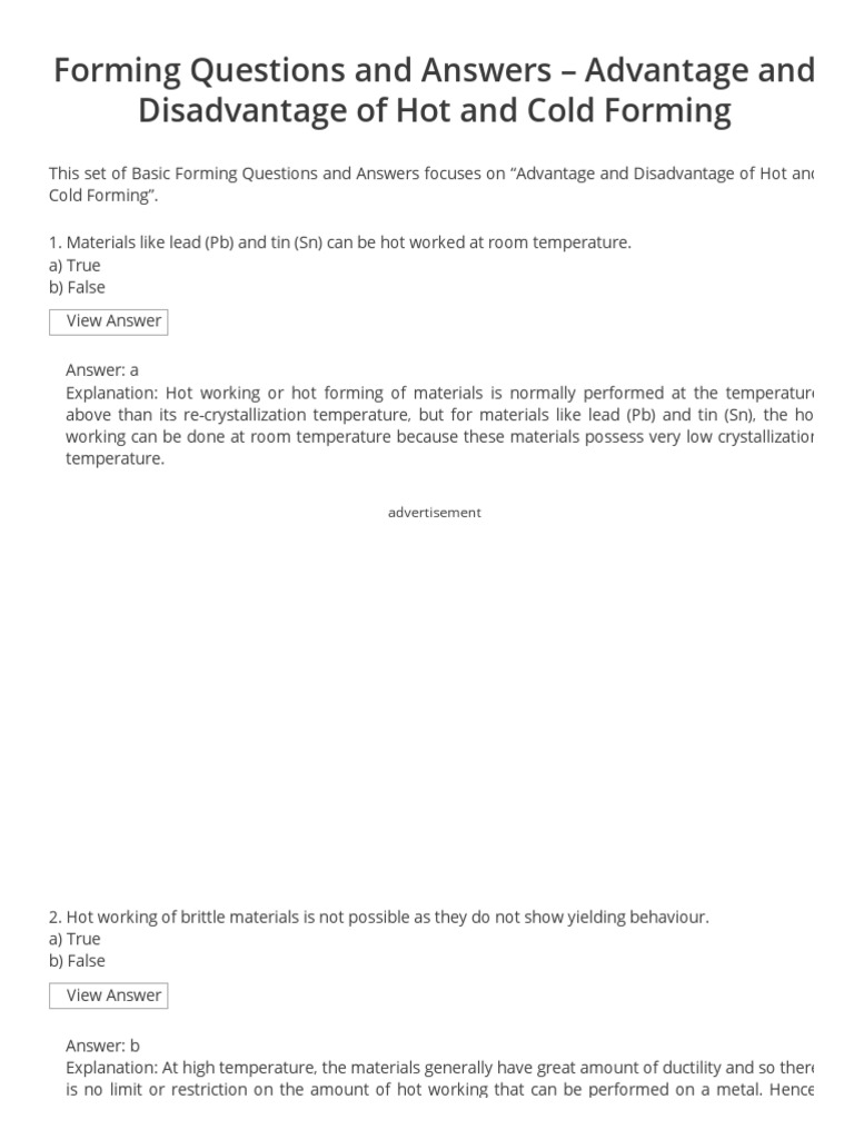 Basic Forming Questions and Answers - Sanfoundry | PDF | Ductility | Strength Of Materials
