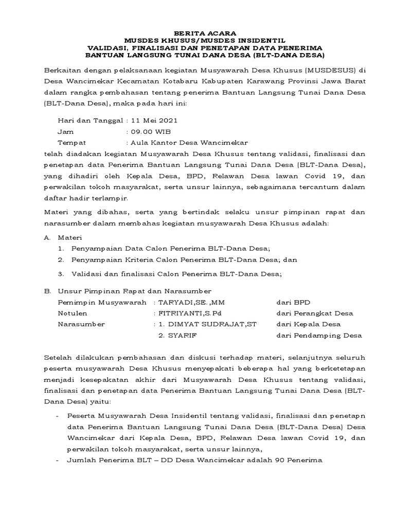 Berita Acara Musdesus Penetapan BLT 2021 | PDF