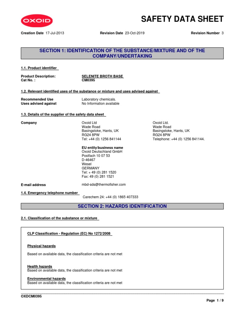 Selenite Broth Base Safety Data Sheet | PDF | Dangerous Goods | Toxicity