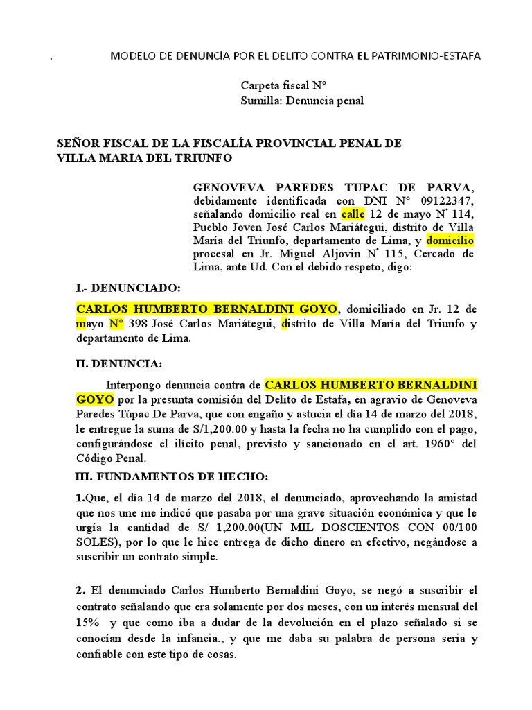 Modelos de Denuncias | PDF | Homicidio | Crimen y violencia