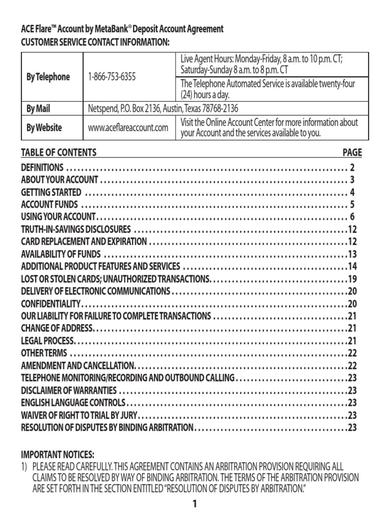 MetaBank Deposit Account Agreement | PDF | Financial Transaction ...