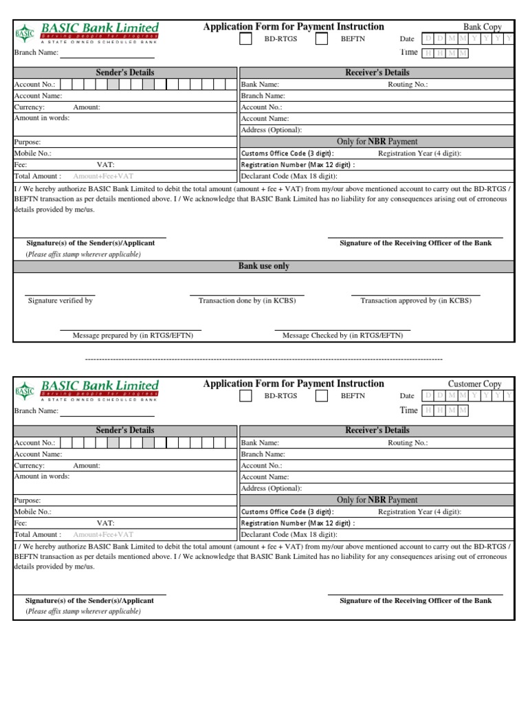 Basic Bank BEFTN & RTGS Form | PDF | Payments | Financial Transaction