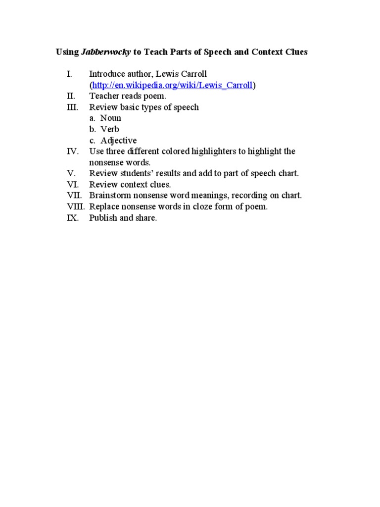 Using Jabberwocky To Teach Parts of Speech and Context Clues | PDF ...