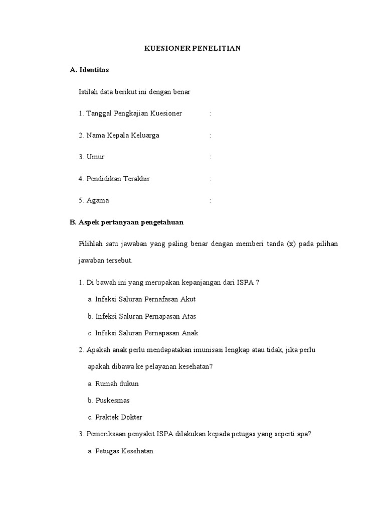 Kuesioner Penelitian Ispa | PDF | Kesehatan Holistik | Sains & Matematika