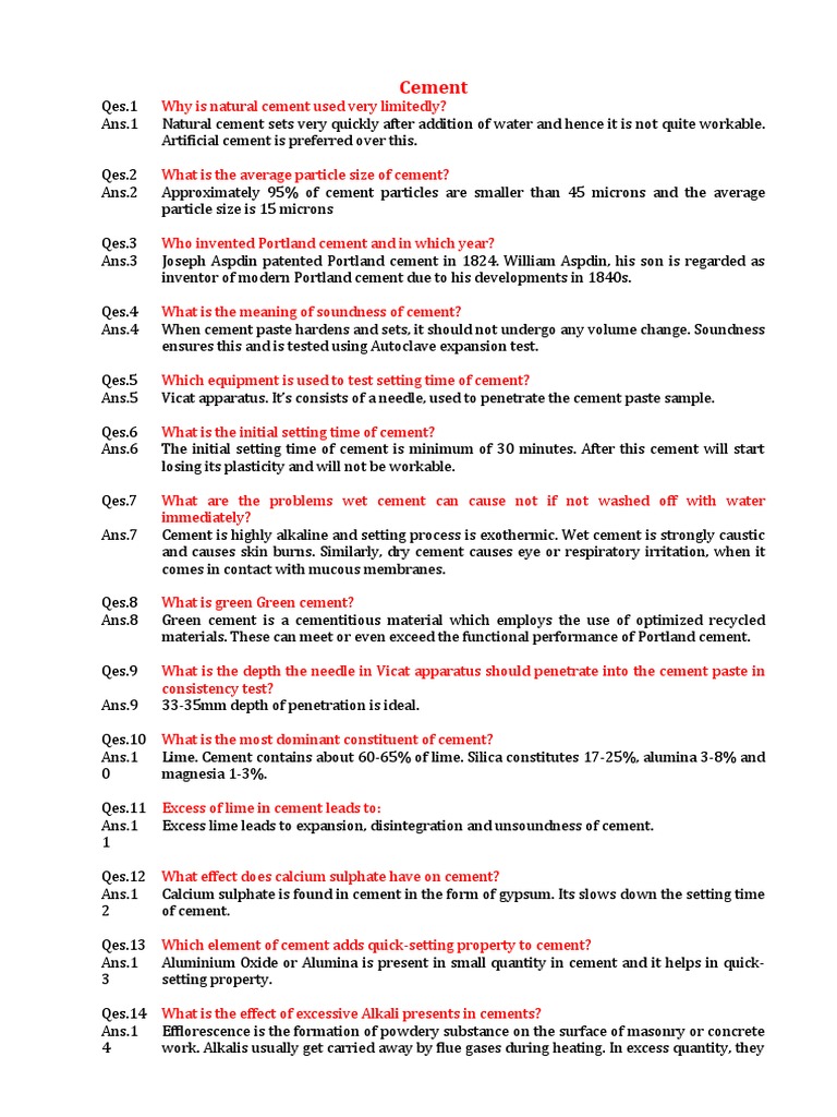 qUESTIONS & ANSWERS | PDF | Concrete | Cement