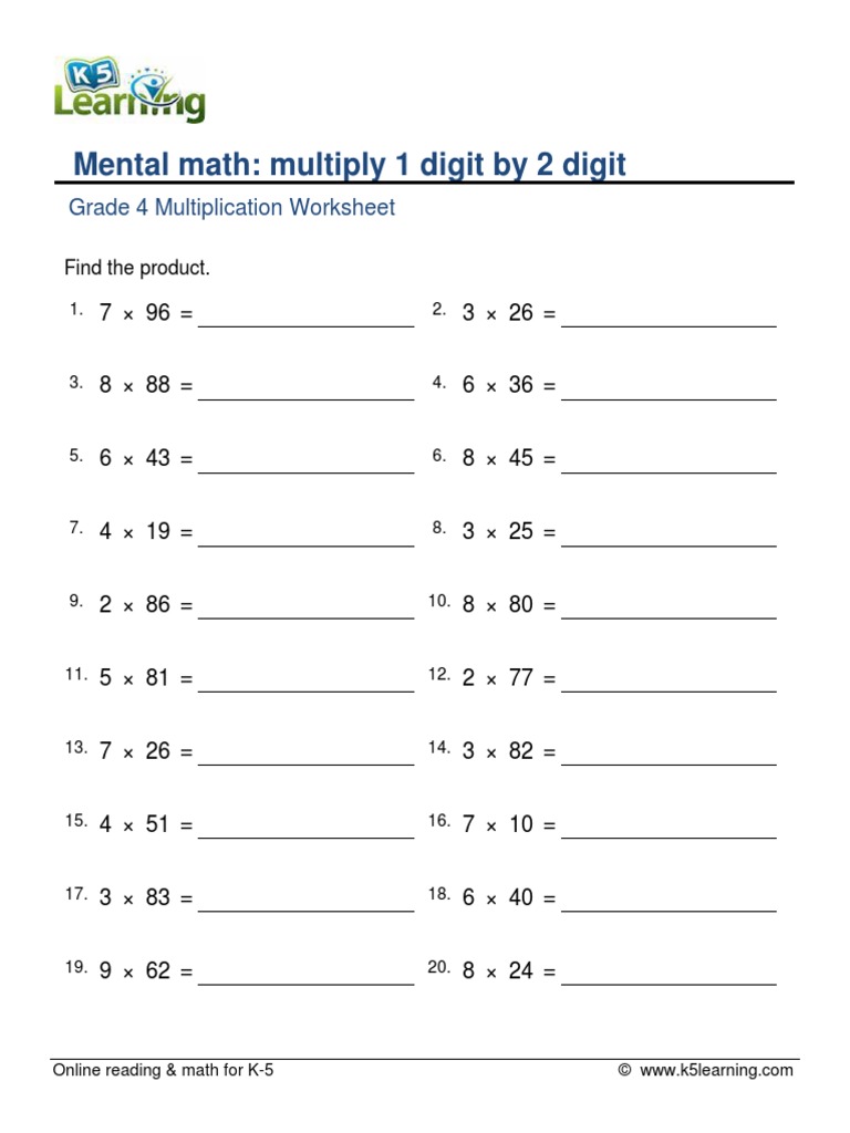 Mental Math: Multiply 1 Digit by 2 Digit: Grade 4 Multiplication ...