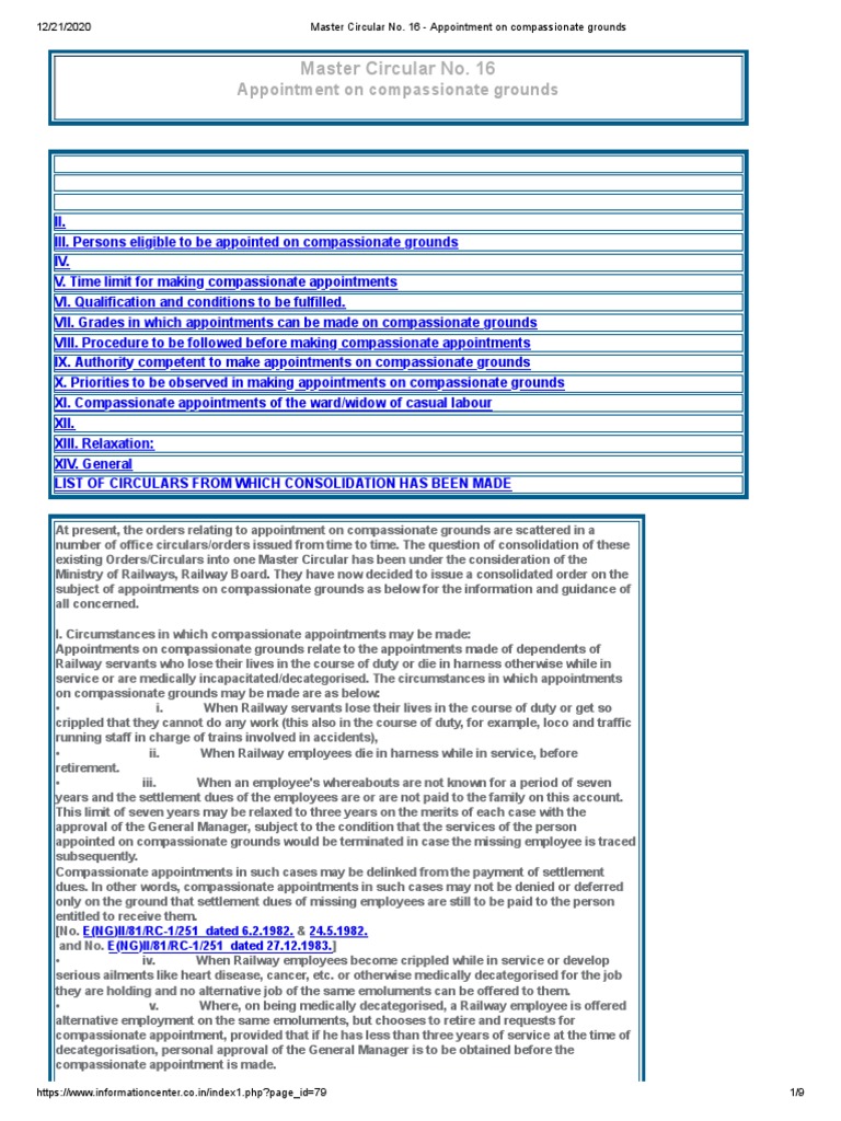 Master Circular No. 16: Appointment On Compassionate Grounds | PDF ...