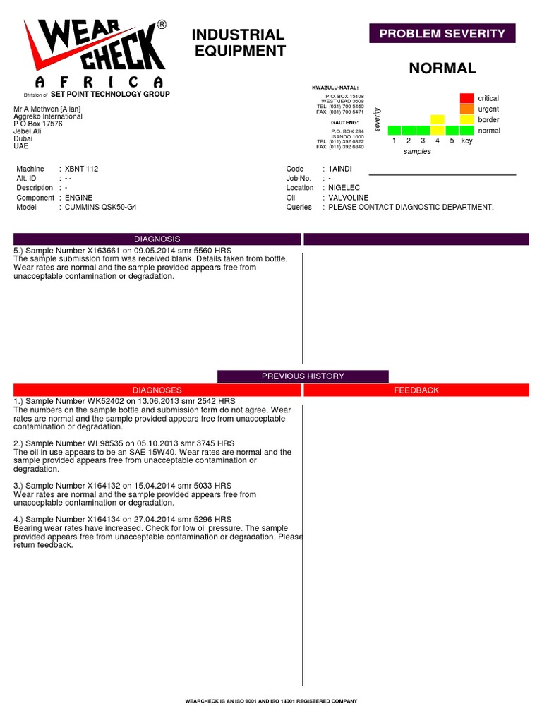 Oil Analysis Report Sample 1 | PDF | Metals | Sets Of Chemical Elements
