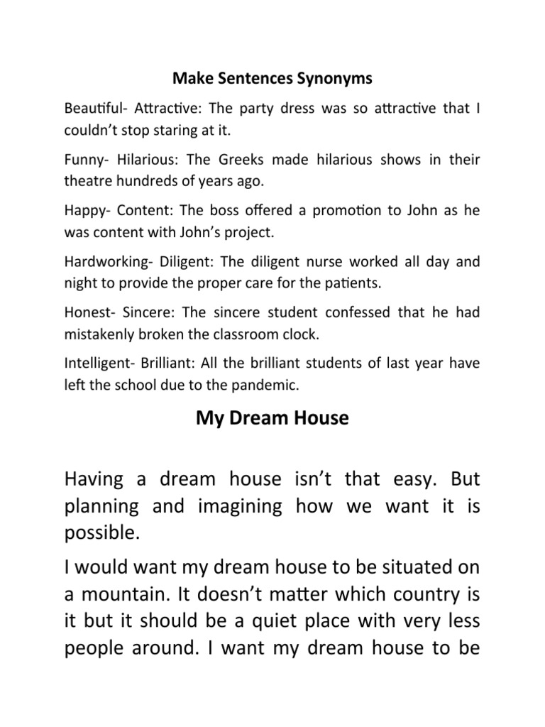 My Dream House: Make Sentences Synonyms | PDF