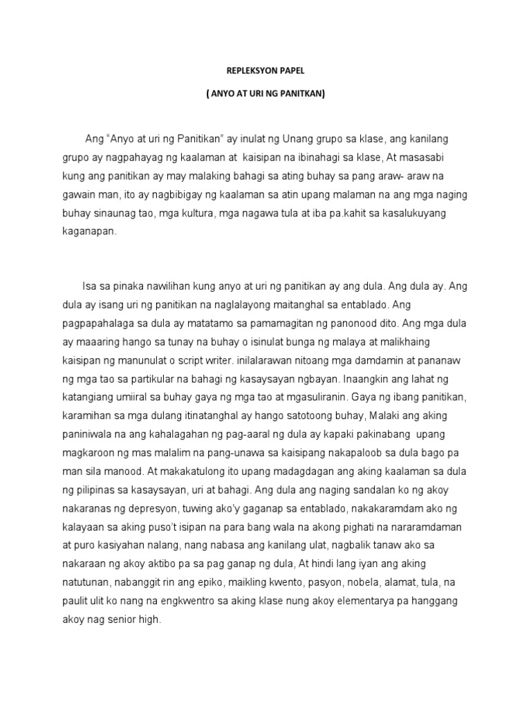 Repleksyon Sa Anyo at Uri NG Panitikan | PDF