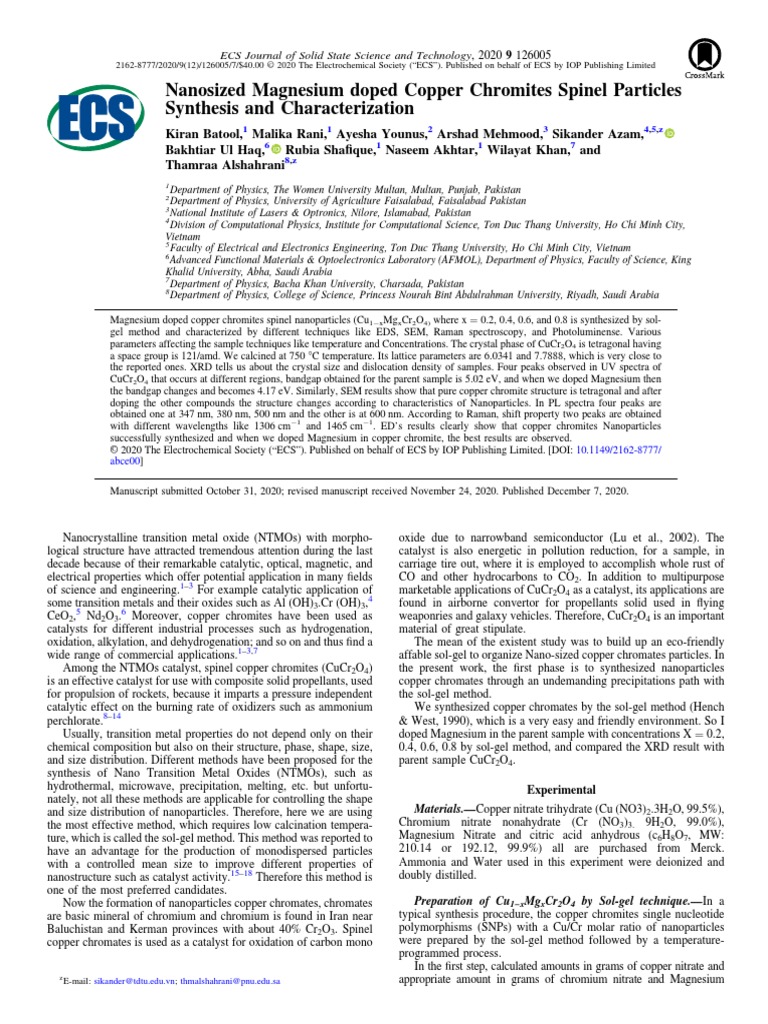 Nanosized Magnesium Doped Copper Chromites Spinel Particles Synthesis ...