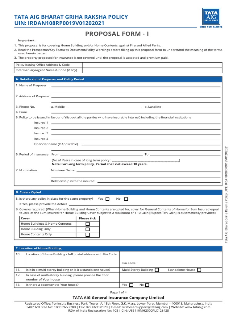 Proposal Form - I: Tata Aig Bharat Griha Raksha Policy UIN ...