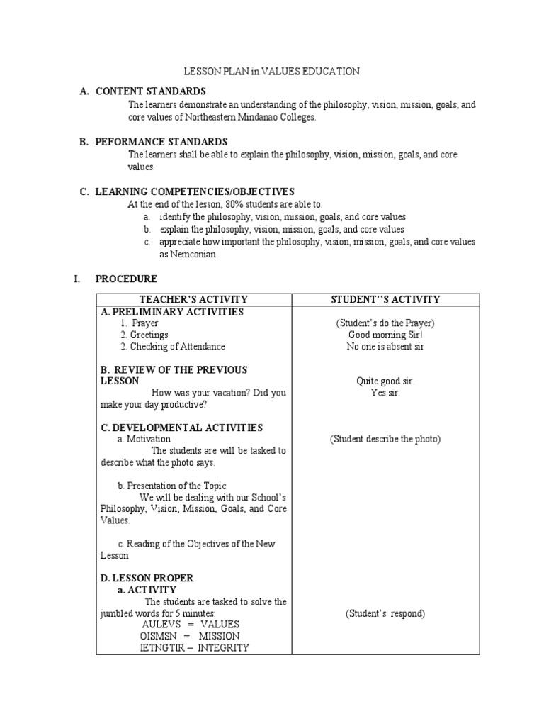 LESSON PLAN in VALUES EDUCATION | PDF | Lesson Plan | Pedagogy
