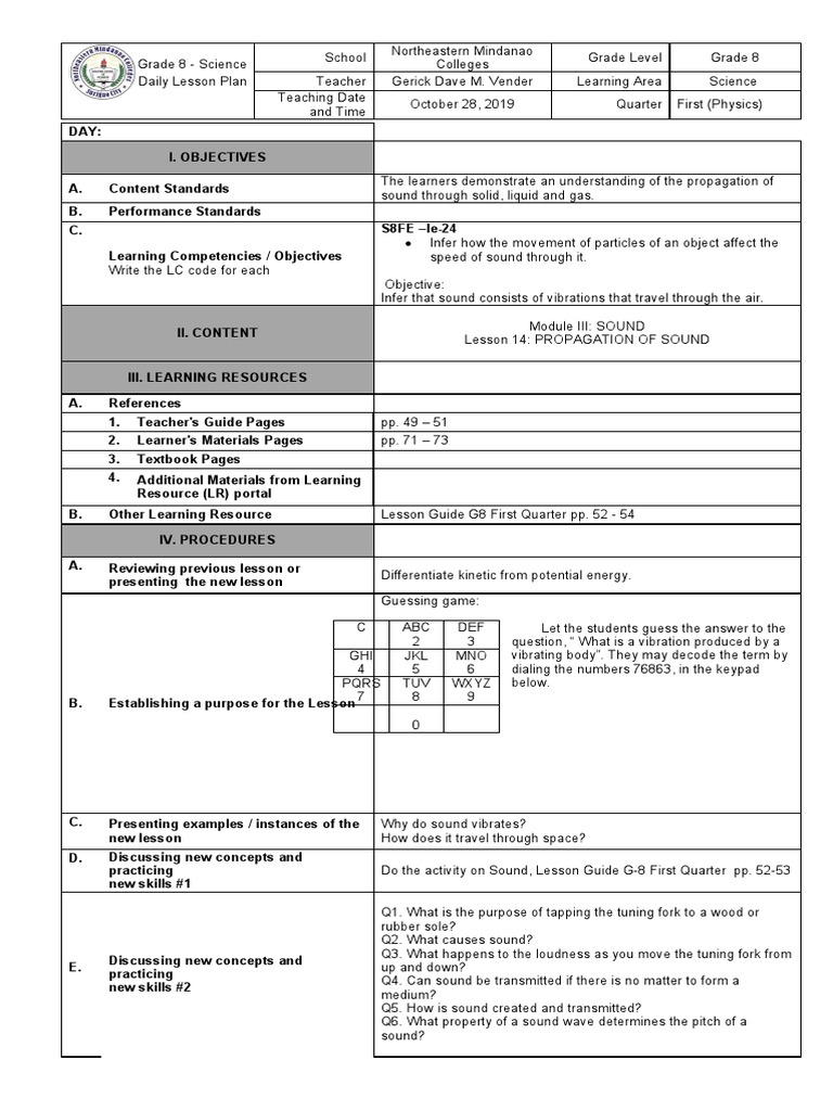 Grade 8 Science Lesson Plan (Physics) | PDF | Sound | Wavelength